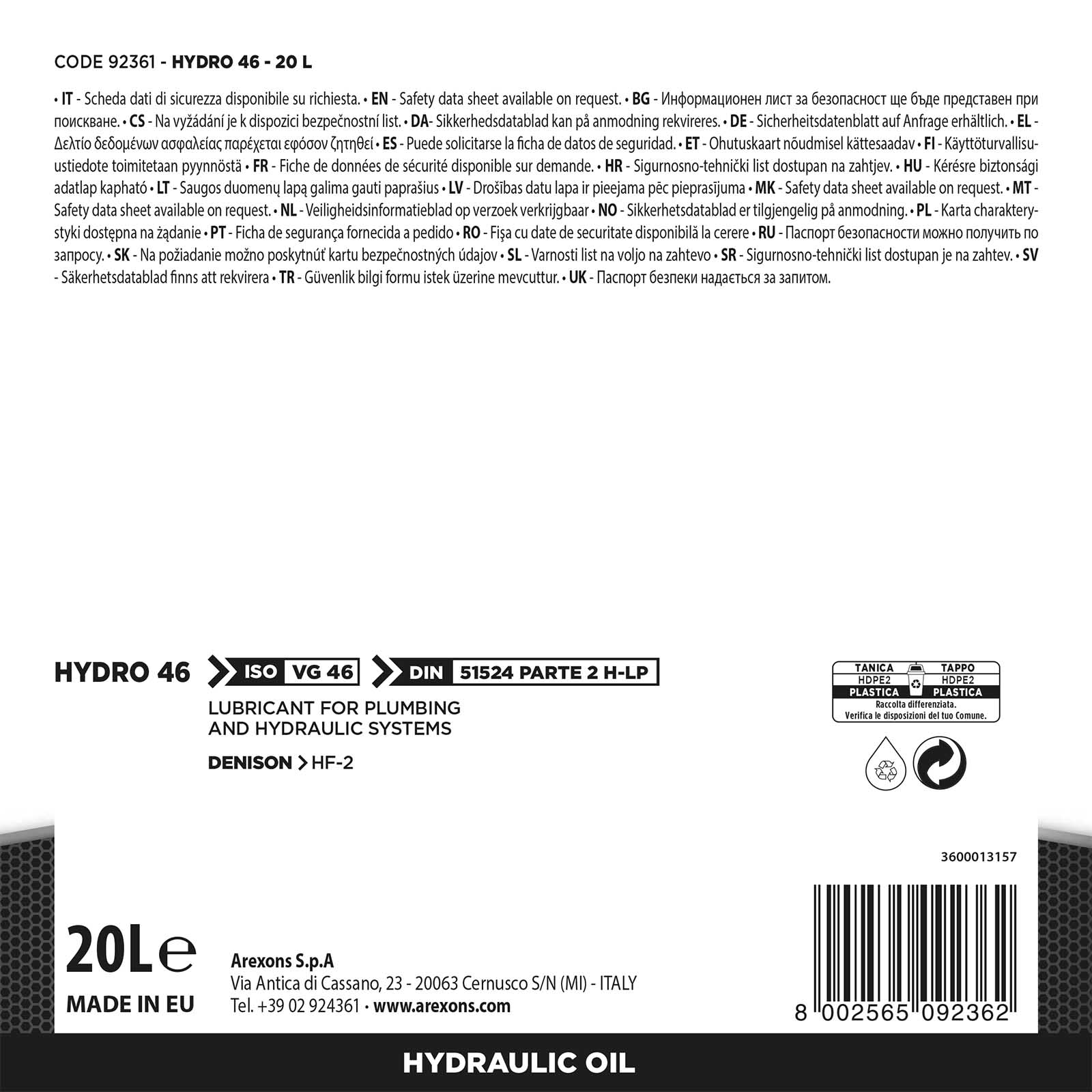 Olio Hydro 46 l 20 | impianto idraulico auto | Shop Arexons